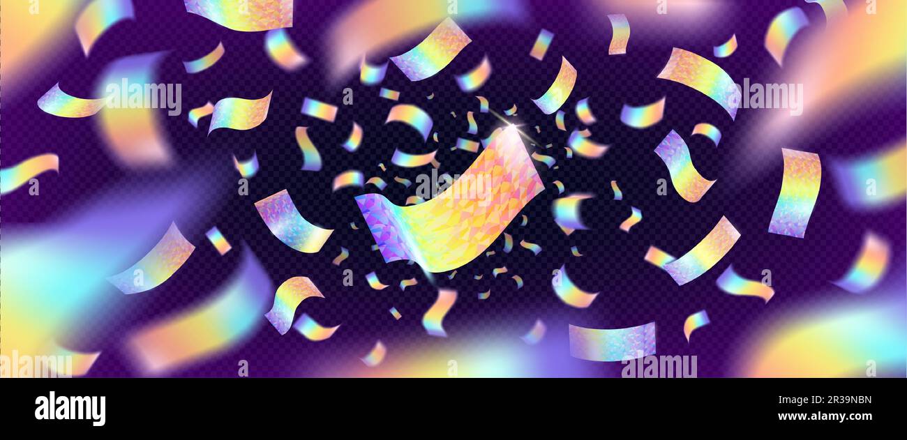 Carnival confetti with neon holographic effect. Explosion of rainbow colors confetti. Abstract ...