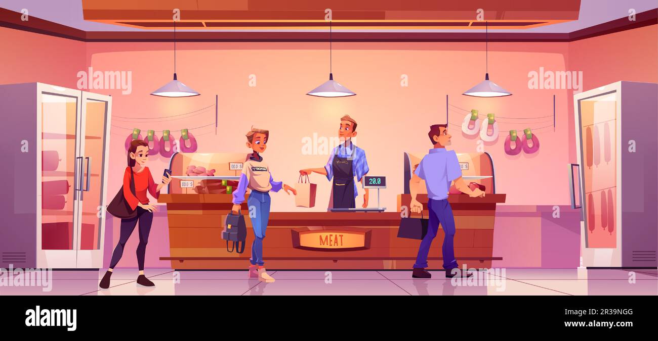 Meat shop keeper vector illustration. Cartoon supermarket farmer beef ...