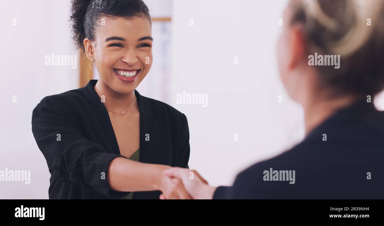 Hand shake, women and happiness for welcome, agreement or deal for ...