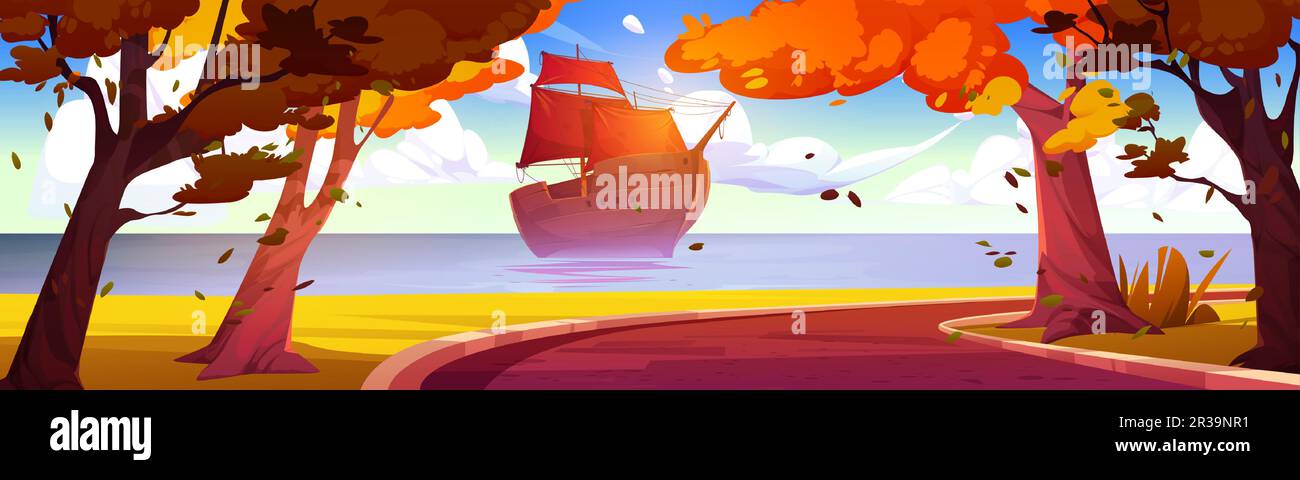 Cartoon retro boat with red sails in sea, view from autumn park with ...