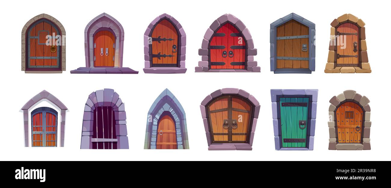 Cartoon set of medieval castle doors isolated on white background ...