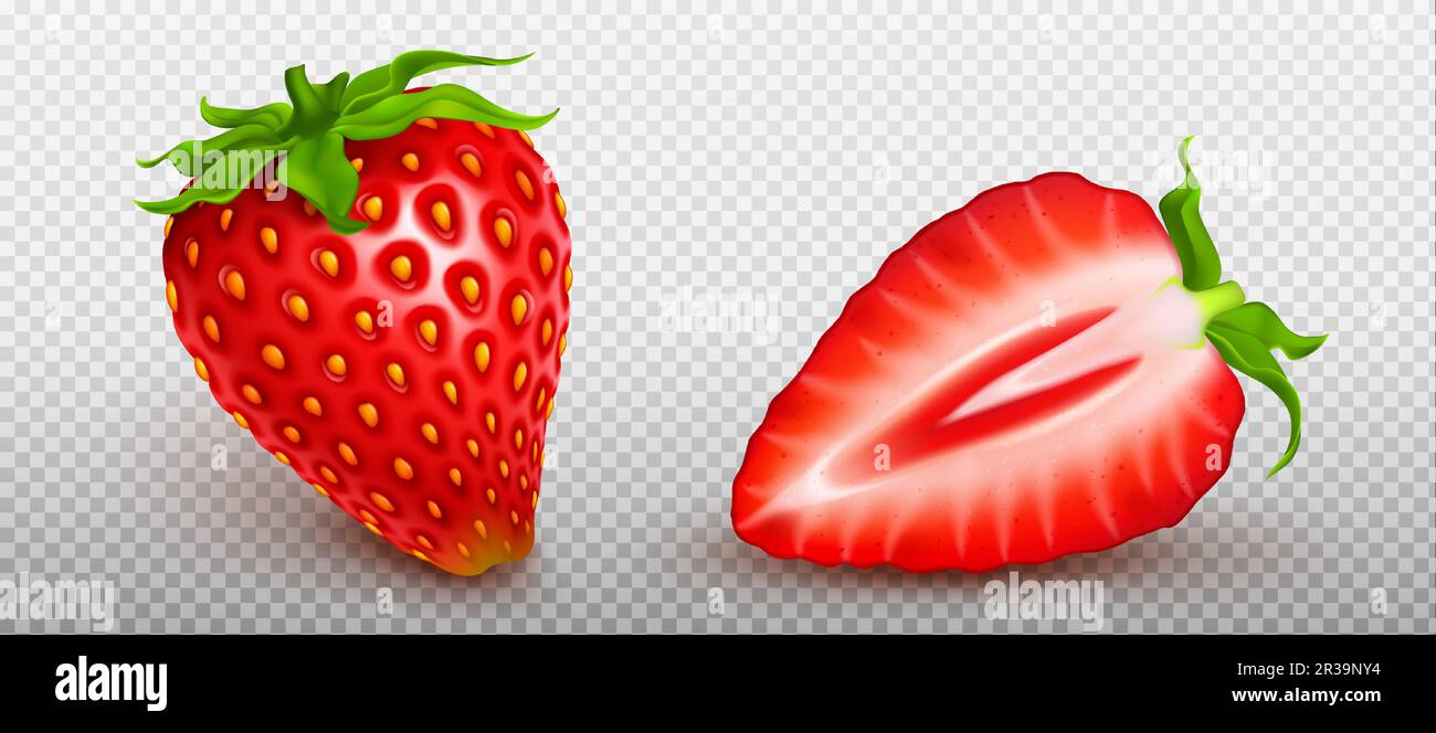 Realistic set of whole and cut half strawberries isolated on ...