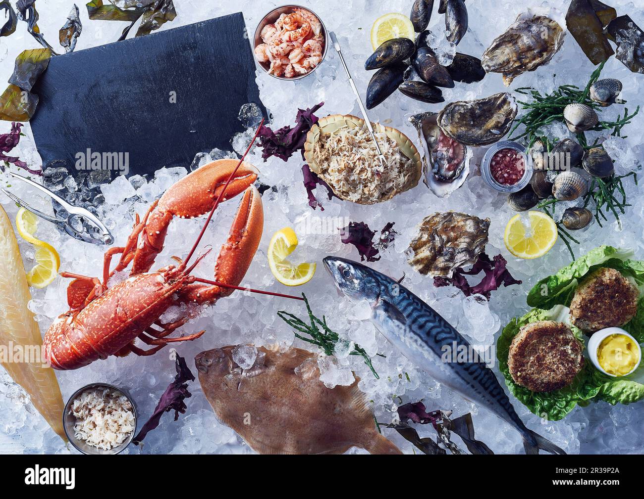 Fish, crustaceans, mussels, seeweed and samphire grass Stock Photo - Alamy