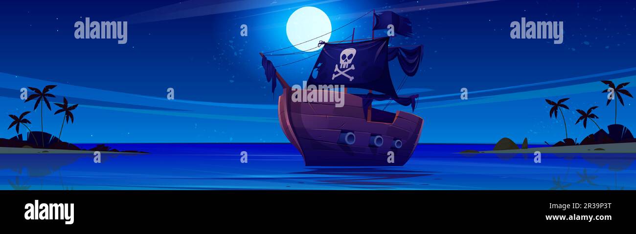 Pirate ship at night near sea island beach cartoon vector background ...