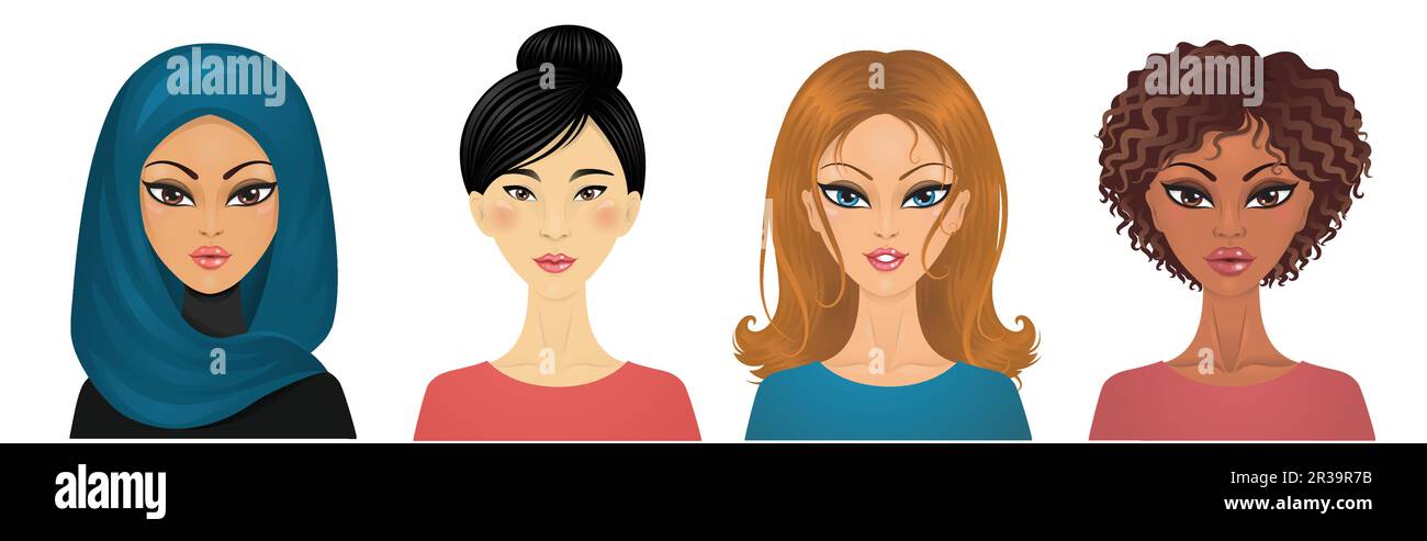 Different ethnicity women. Isolated on white. Vector illustation Stock ...