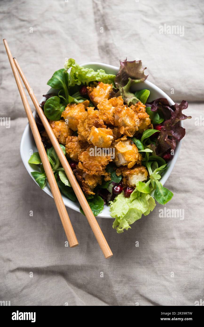 Diced tofu with a spicy cornflake coating on a bed of salad Stock Photo ...