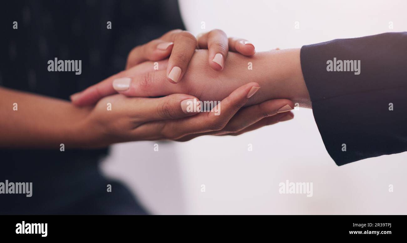 Closeup, hands and women with support, empathy and comfort with ...