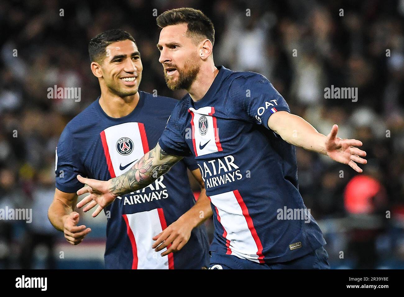 Lionel (Leo) MESSI of PSG celebrate his goal with Achraf HAKIMI of PSG ...