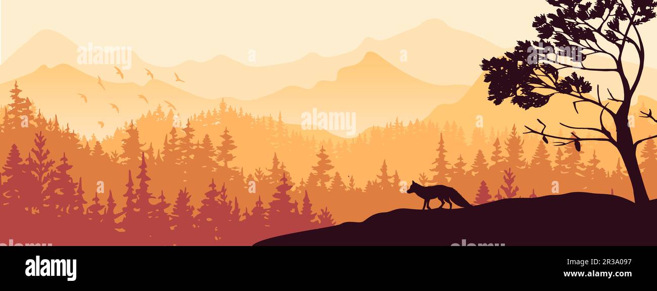 Horizontal banner. Silhouette of fox standing on hill. Mountains and ...
