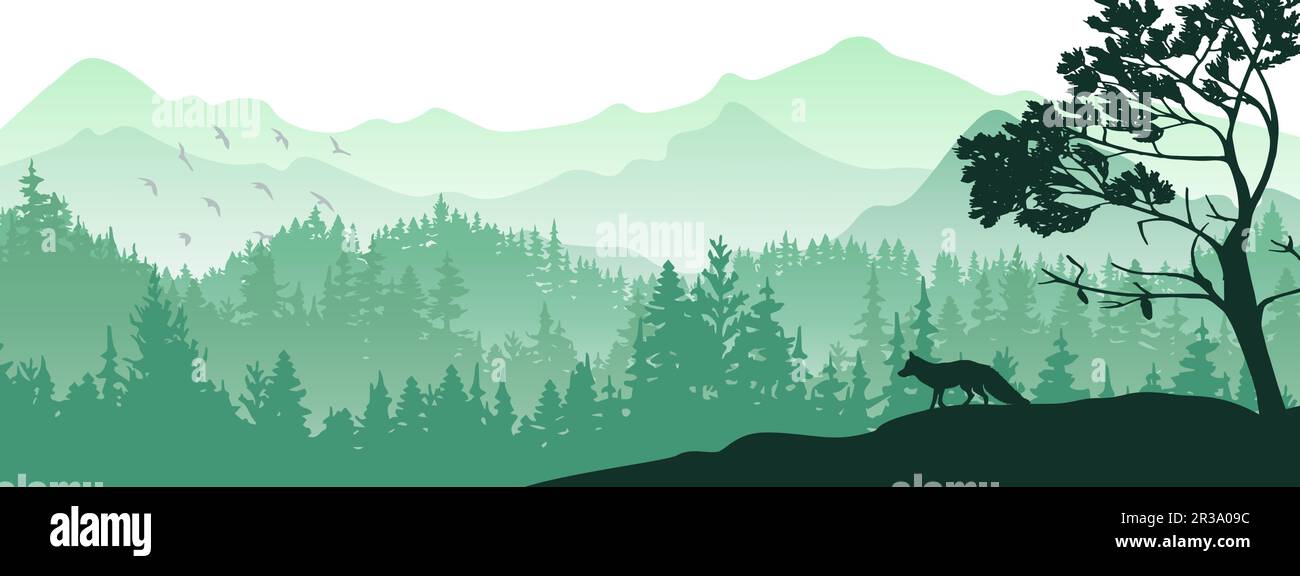 Horizontal banner. Silhouette of fox standing on hill. Mountains and ...