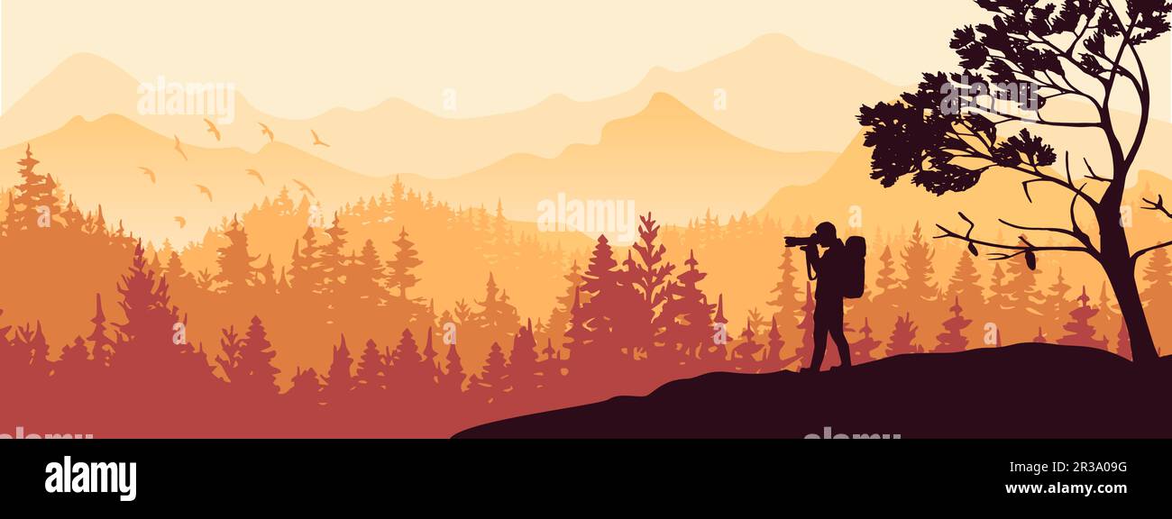 Photographer stands on hill take picture of landscape. Mountains and ...