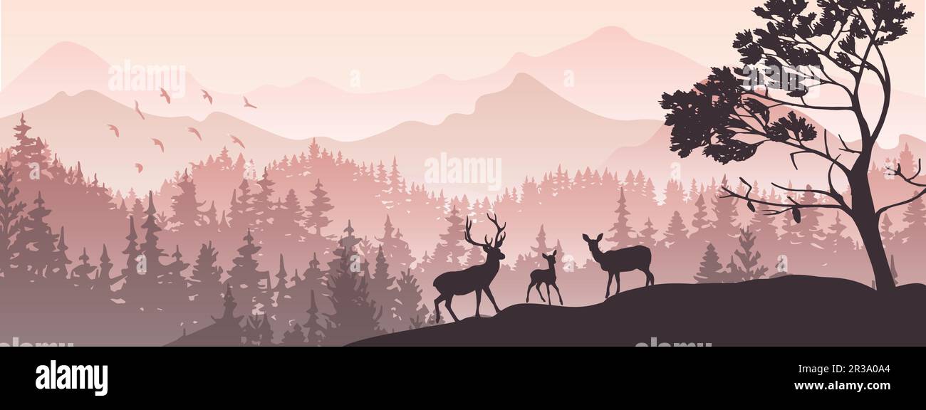 Horizontal banner. Silhouette of deer, doe, fawn standing on hill ...