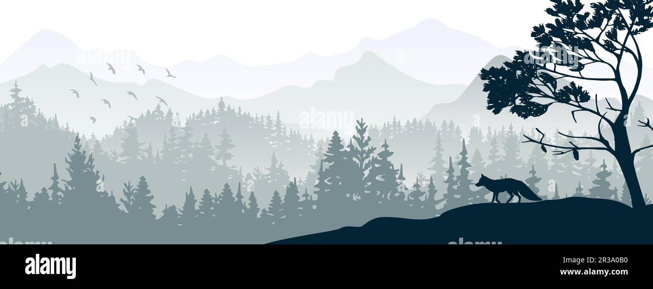 Horizontal banner. Silhouette of fox standing on hill. Mountains and ...