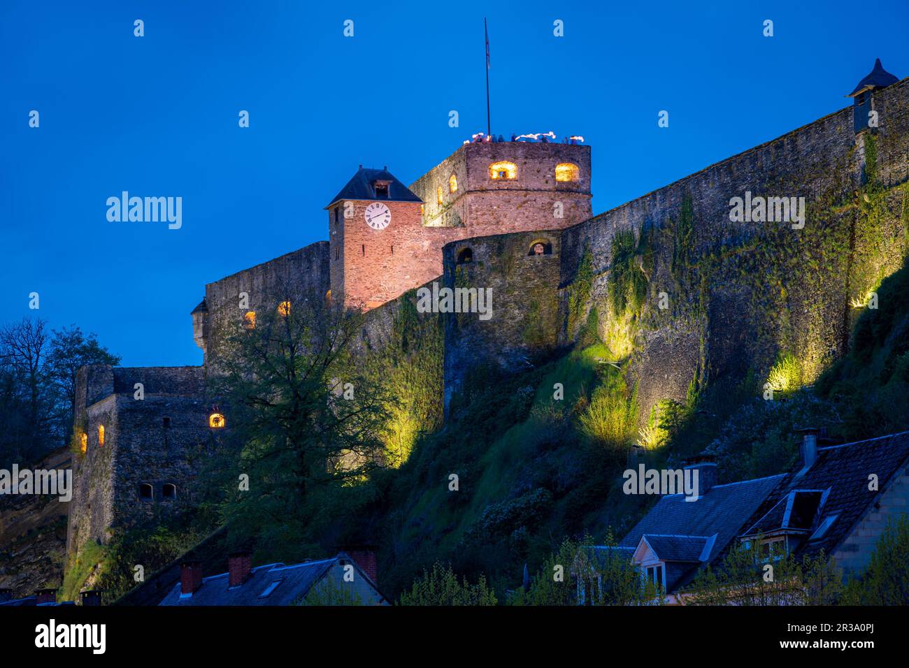 Medieval Castle Bouillon in belgian Ardennes in the evening, long ...