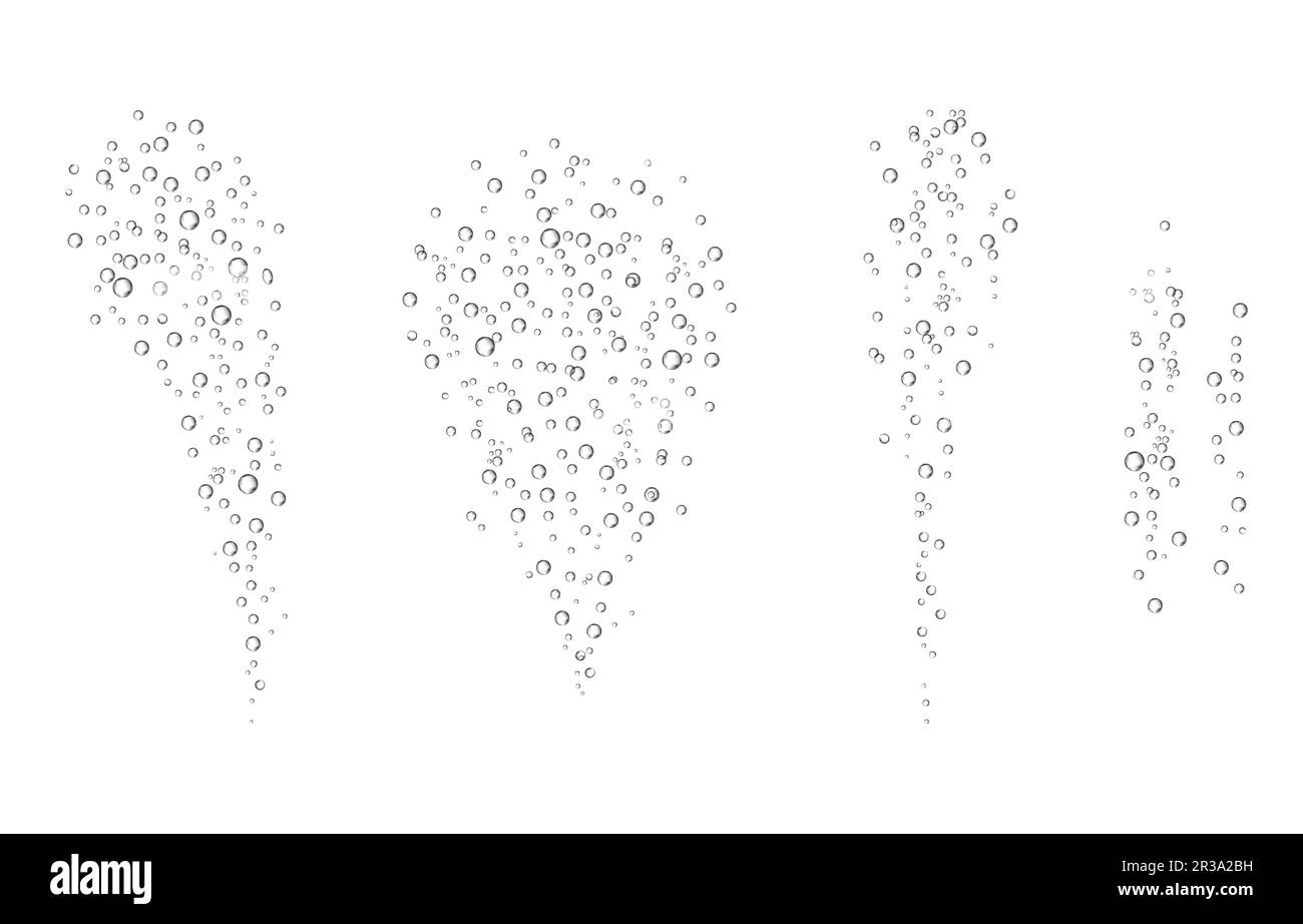 Oxygen air bubbles flow in water on white background. Fizzy sparkles in ...