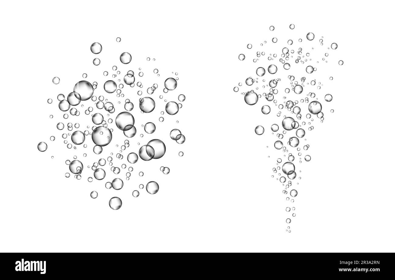 Oxygen air bubbles flow in water on white background. Fizzy sparkles in ...