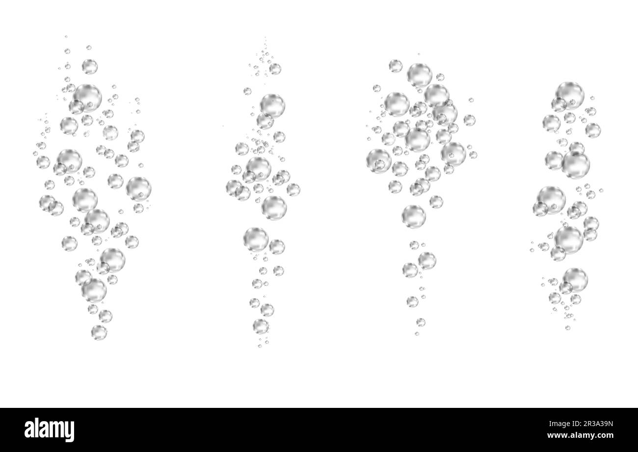 Oxygen air bubbles flow in water on white background. Fizzy sparkles in ...