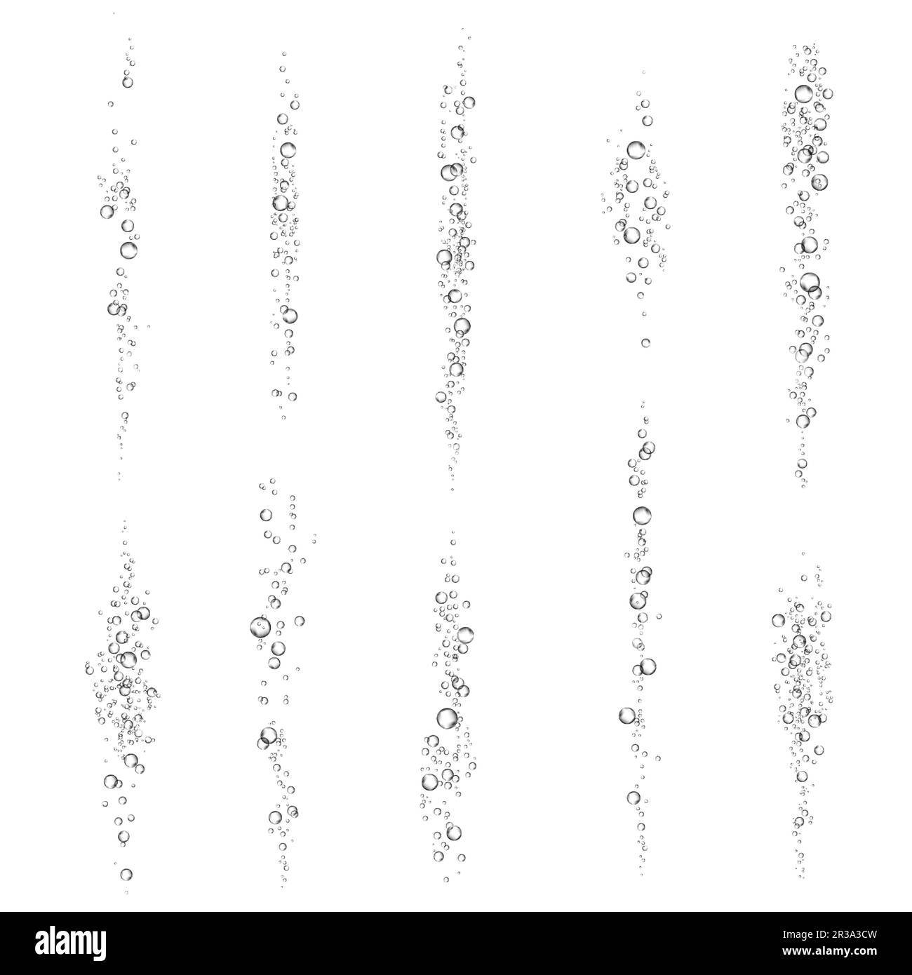 Oxygen air bubbles flow in water on white background. Fizzy sparkles in ...