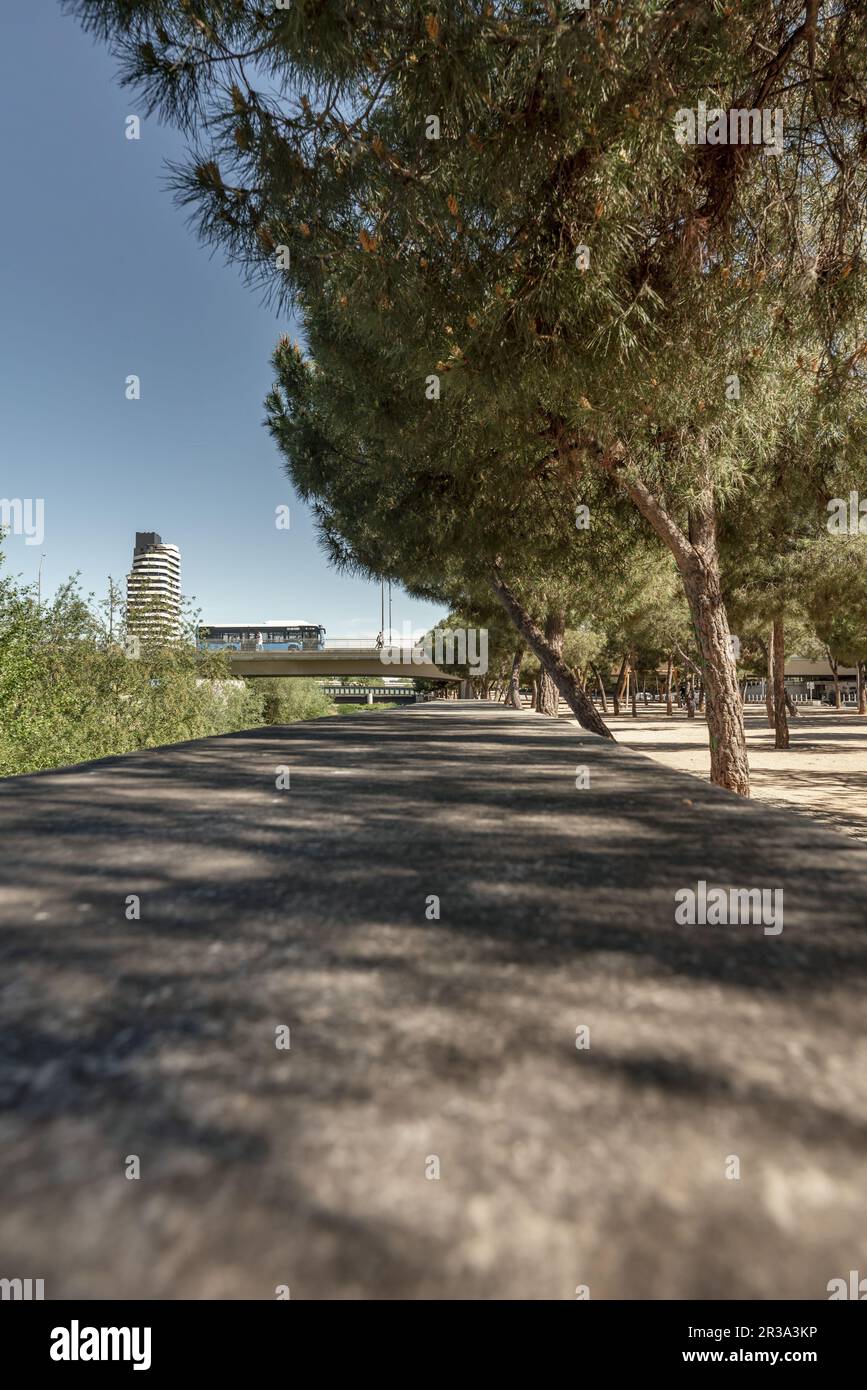 Views of an urban park with trees, a stone wall and buildings Stock ...