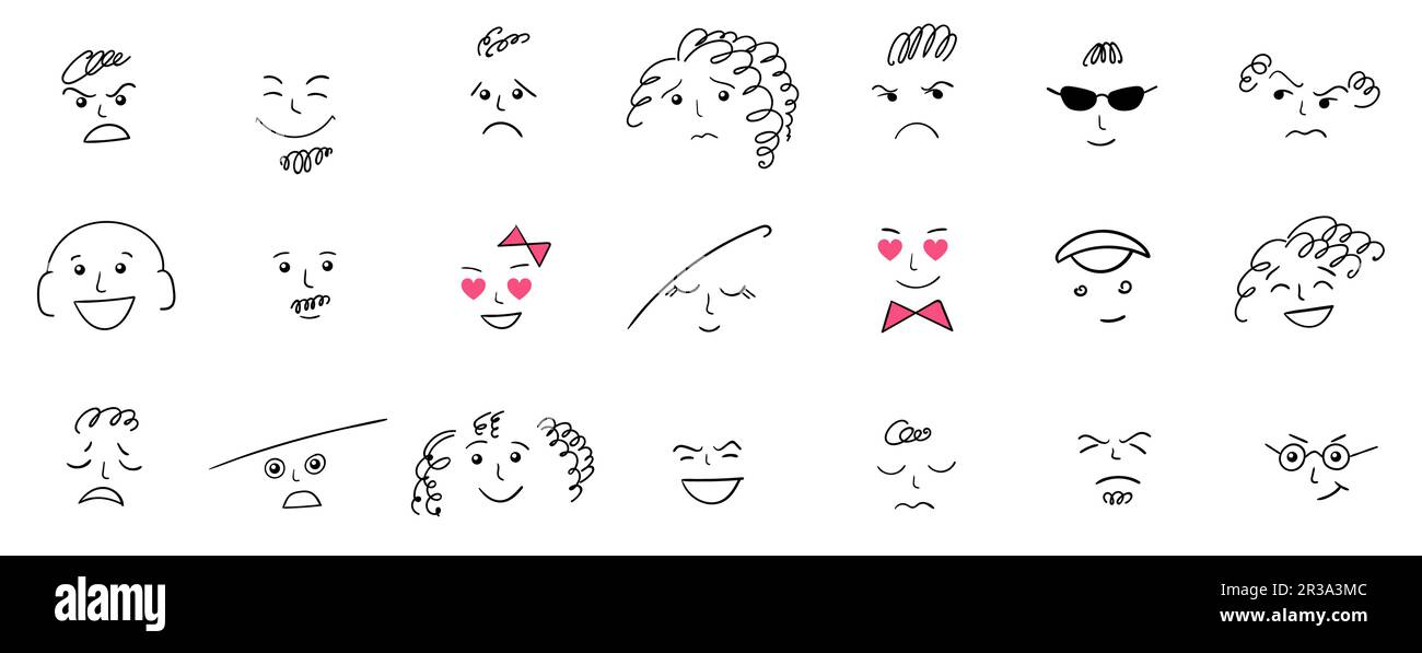 Cartoon cute and funny faces with positive and negative emotions. Comic ...