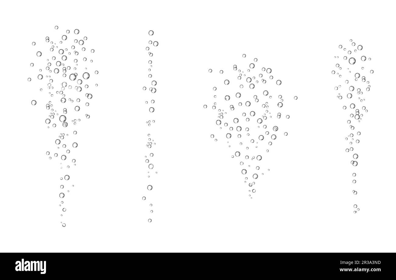 Oxygen air bubbles flow in water on white background. Fizzy sparkles in ...