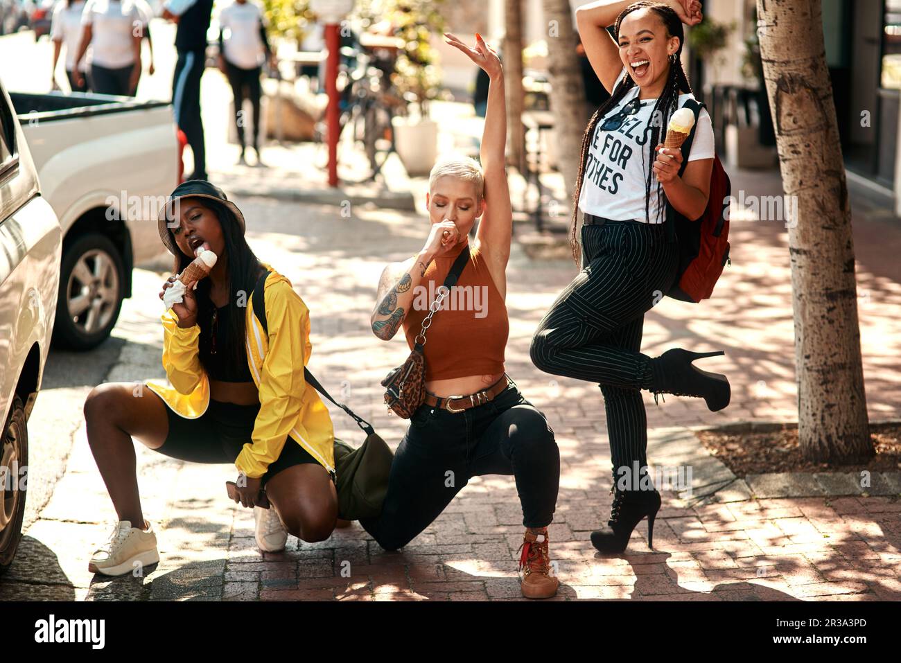 Women friends, ice cream and street in city with edgy gen z fashion ...