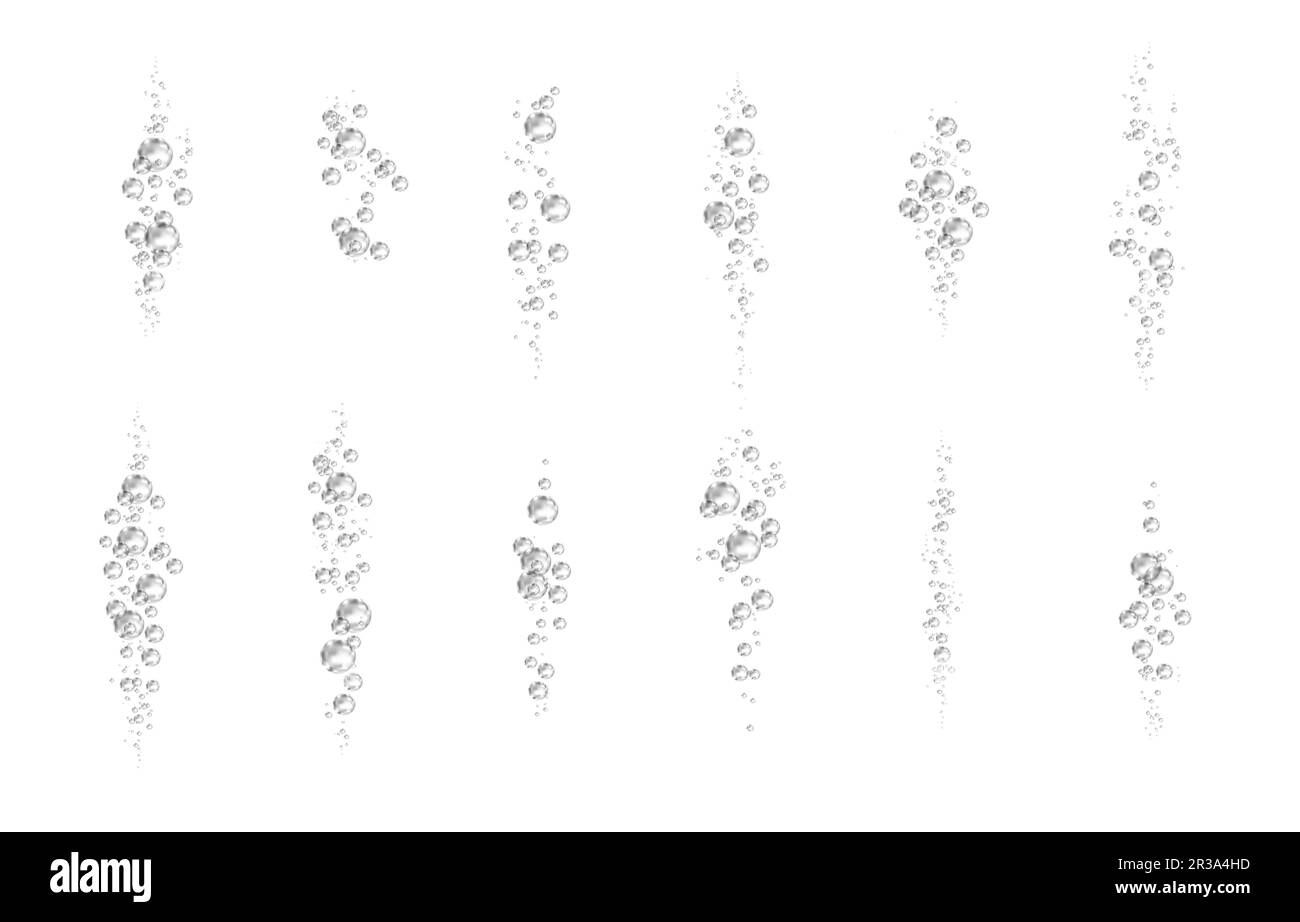 Oxygen air bubbles flow in water on white background. Fizzy sparkles in ...