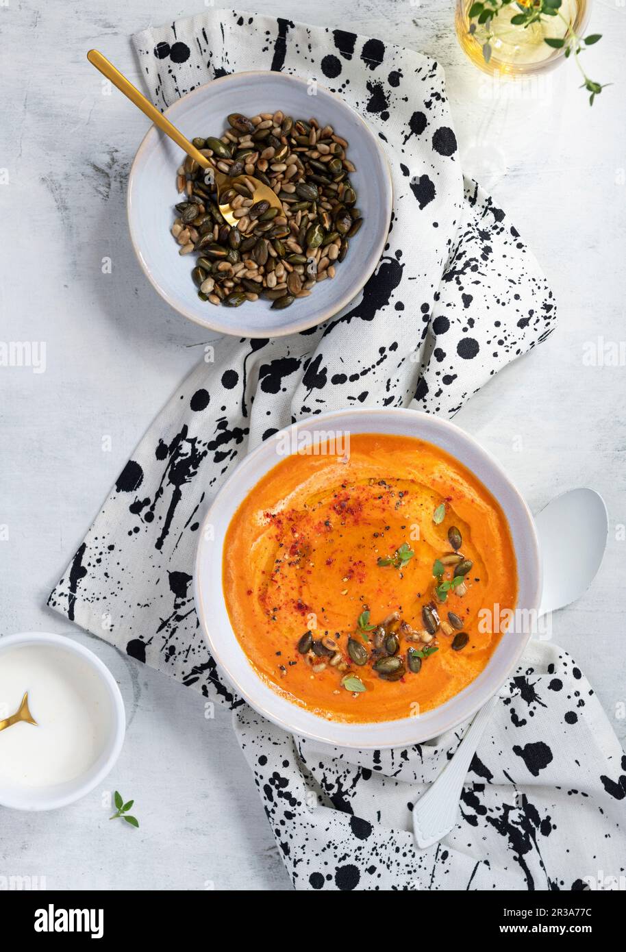 Vegan tomato soup with seeds Stock Photo - Alamy