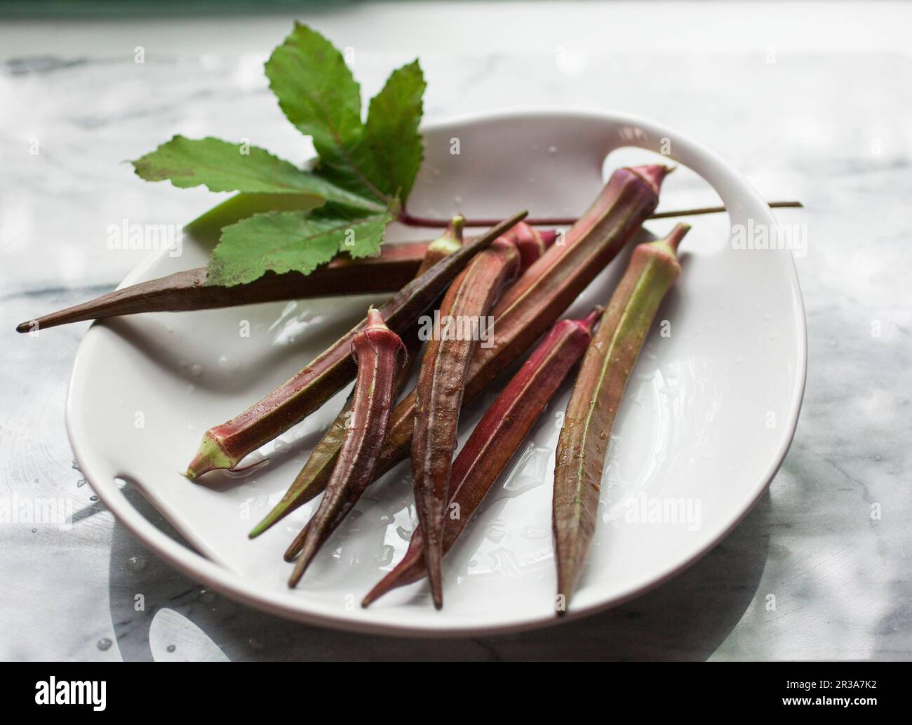 Red okra in white bowl Stock Photo - Alamy
