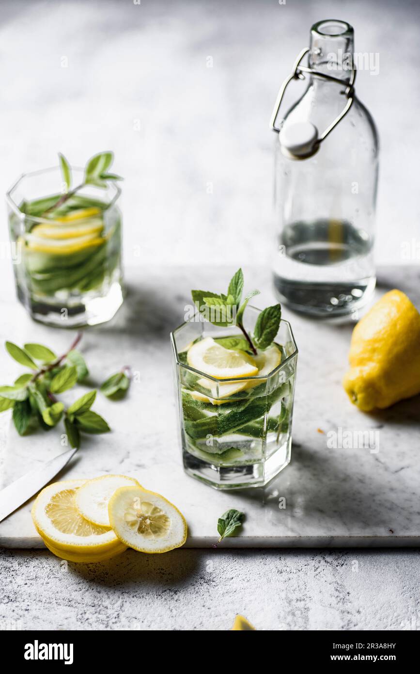 Water with cucumber, mint and leamon Stock Photo - Alamy