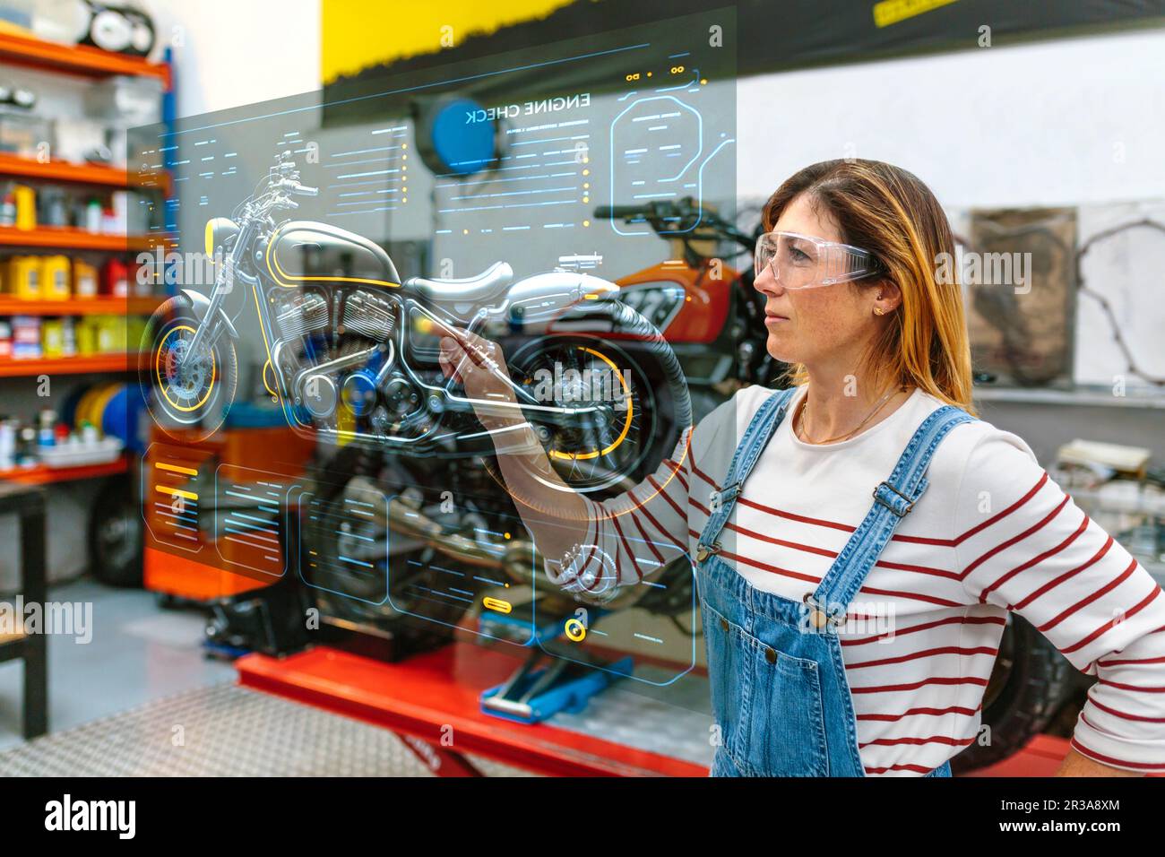 Female mechanic touching hud panel screen with augmented reality ...