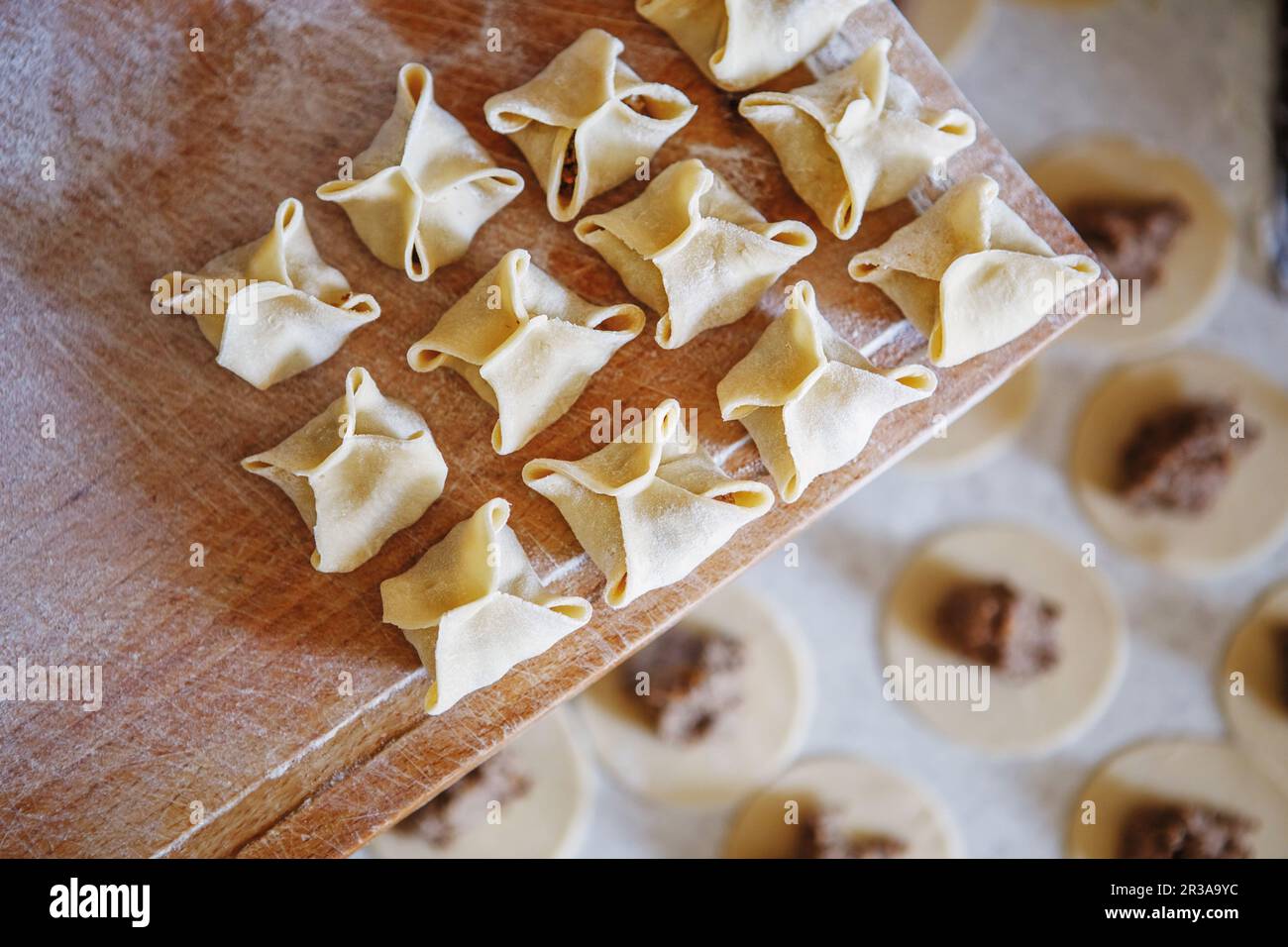 Dumplings and parsley - russian pelmeni. Cook dumplings. Pasta ravioli ...