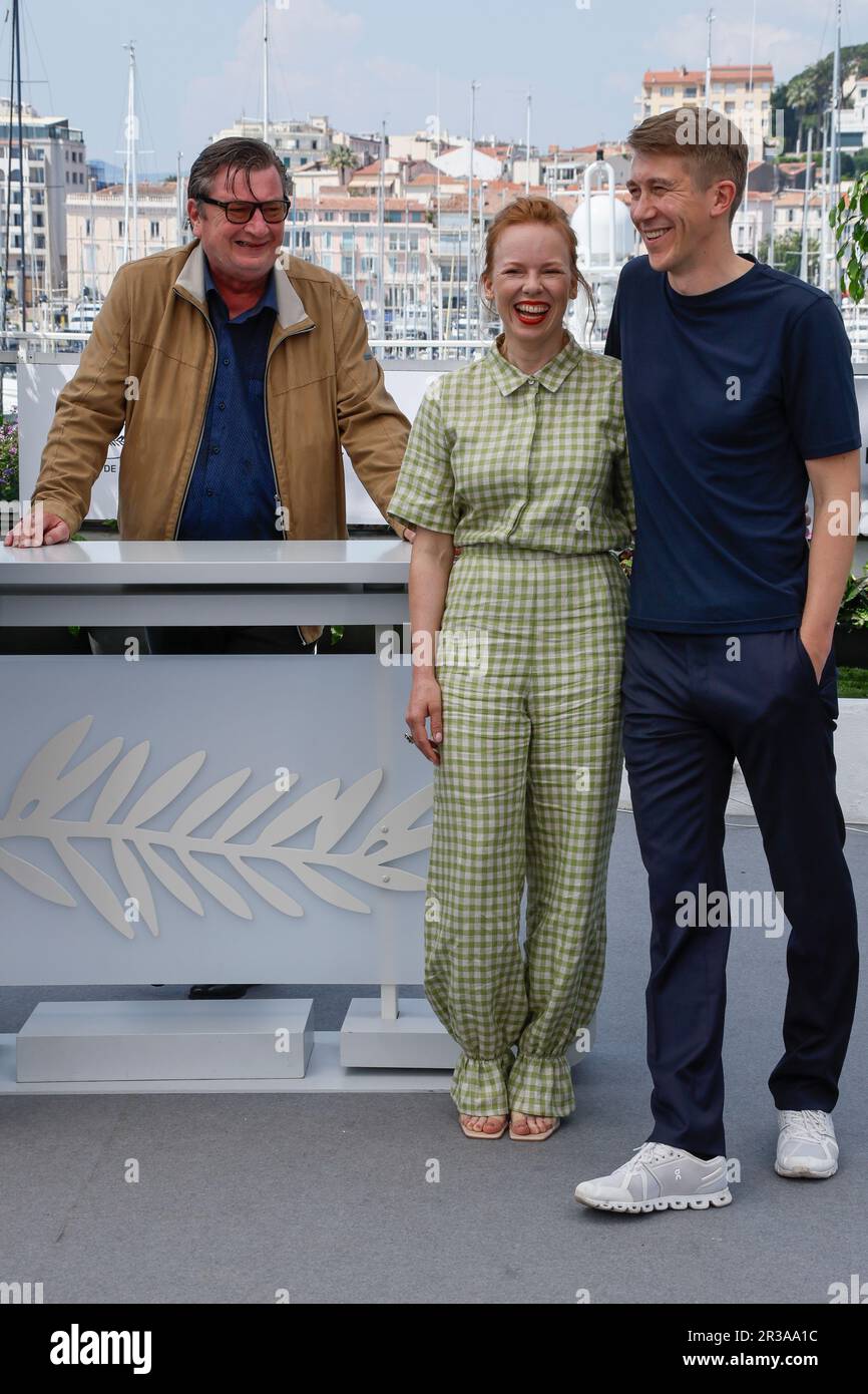 Director Aki Kaurismaki, from left, Alma Poysti, and Jussi Vatanen pose ...