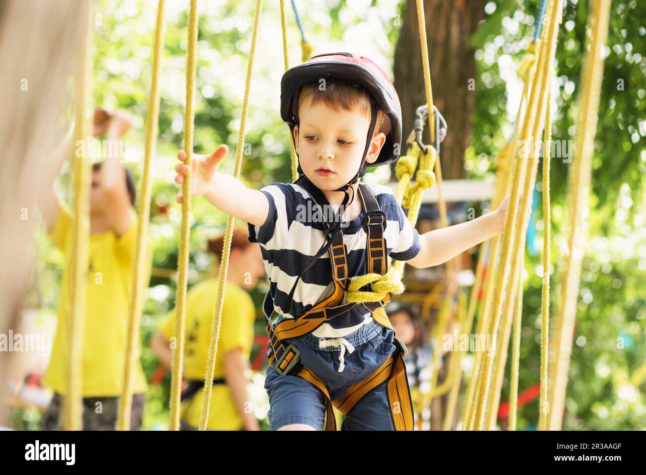 Kids climbing in adventure park. Boy enjoys climbing in the ropes ...