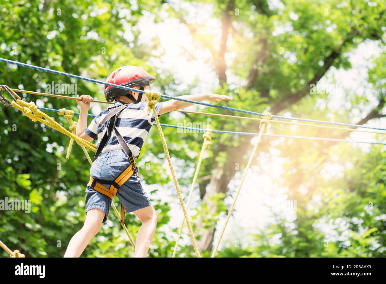 Kids climbing in adventure park. Boy enjoys climbing in the ropes ...