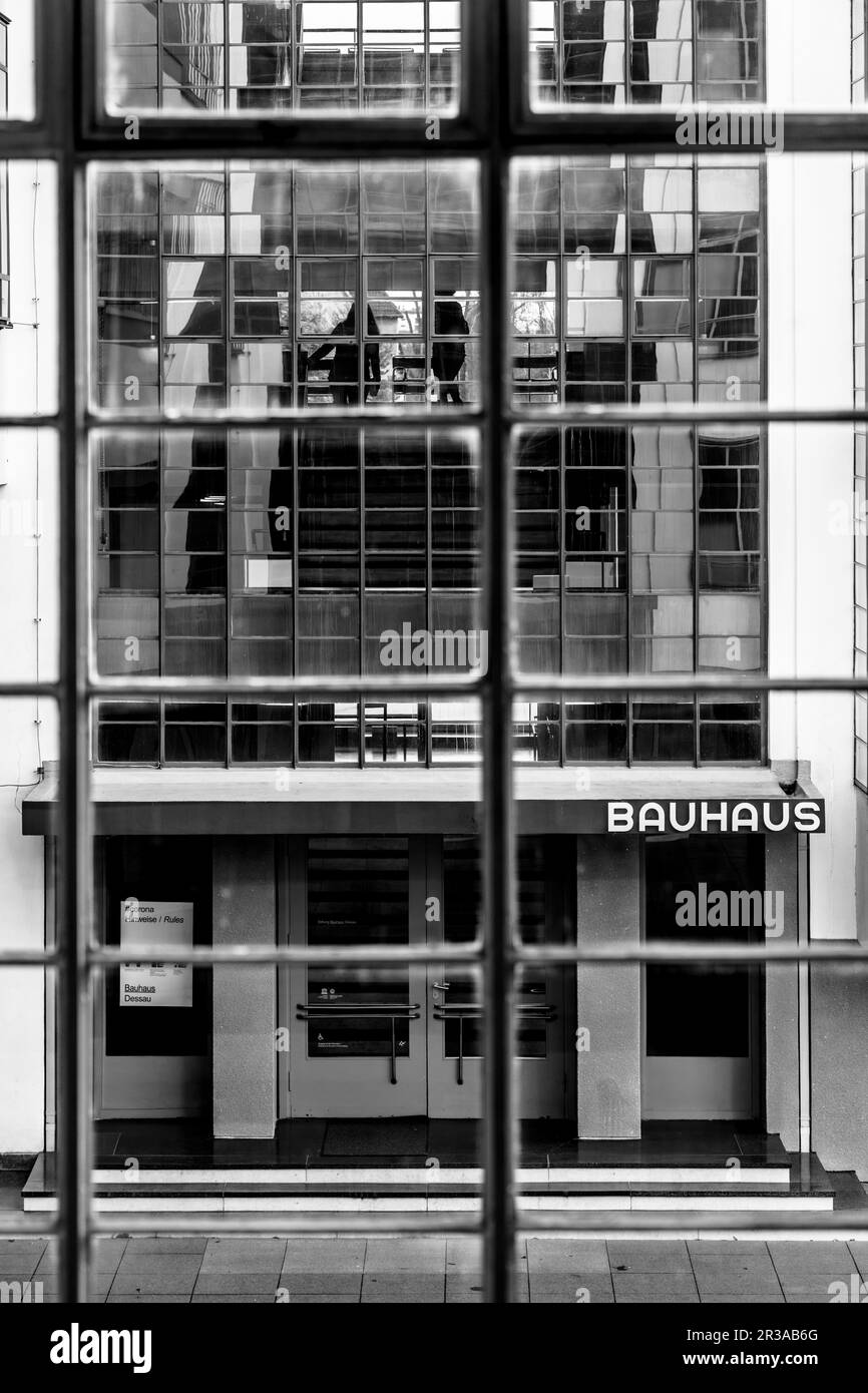 main entrance and sign, bauhaus school, Main building, Dessau, Federal ...