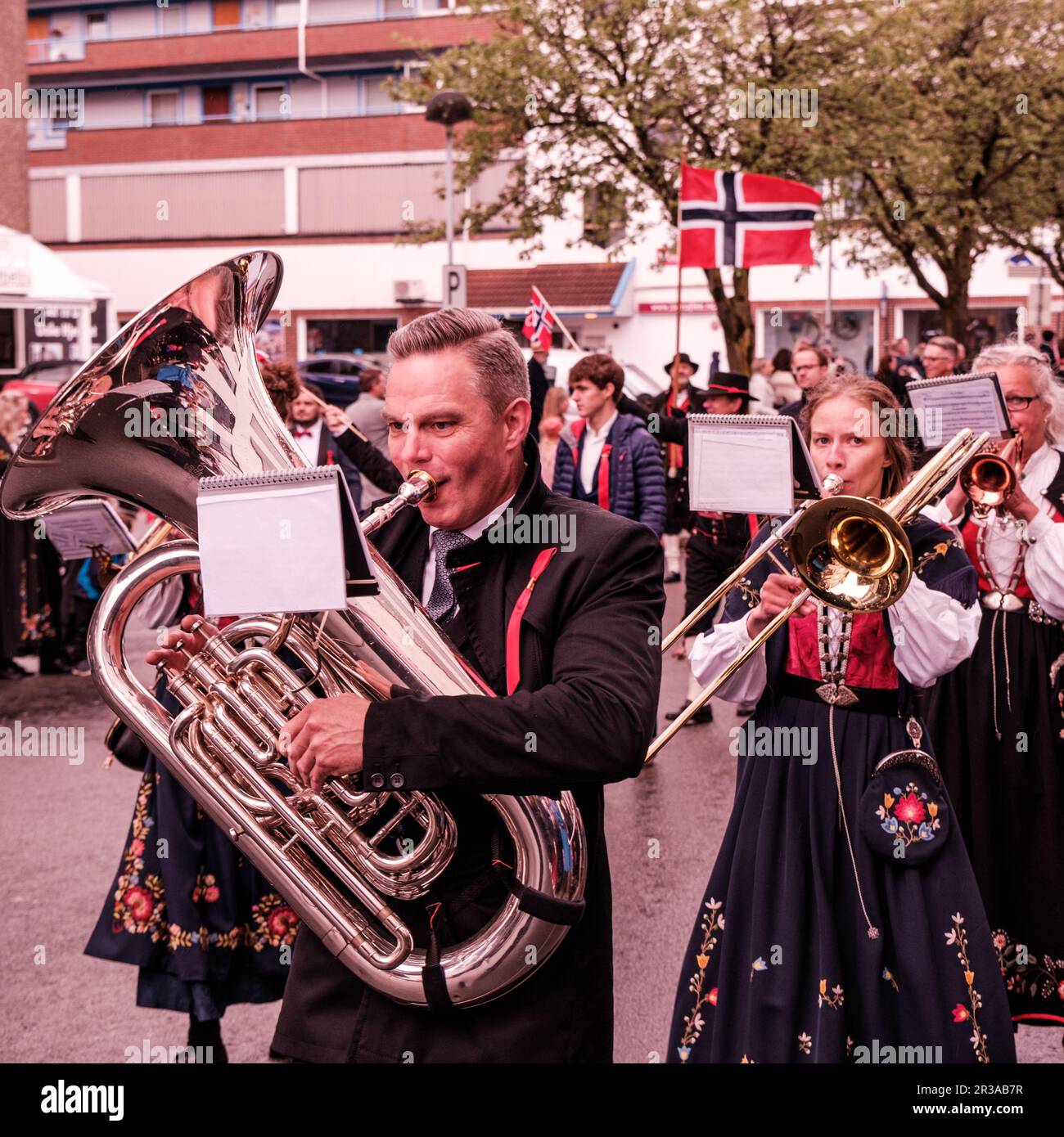 Sandnes, Norway, May 17 2023, Procession Of Marching Bands Playing ...