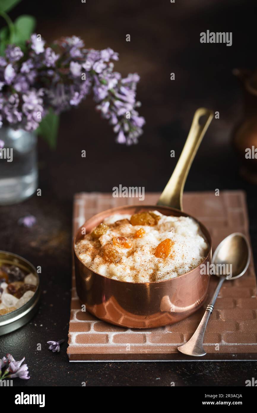 Oatmeal porridge with raisins and cinnamon in a copper cocotte. Oatmeal ...