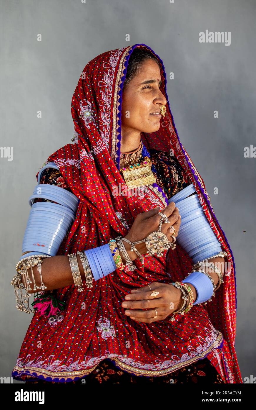 Portrait of a woman of the Rabari ethnic group in traditional dress ...