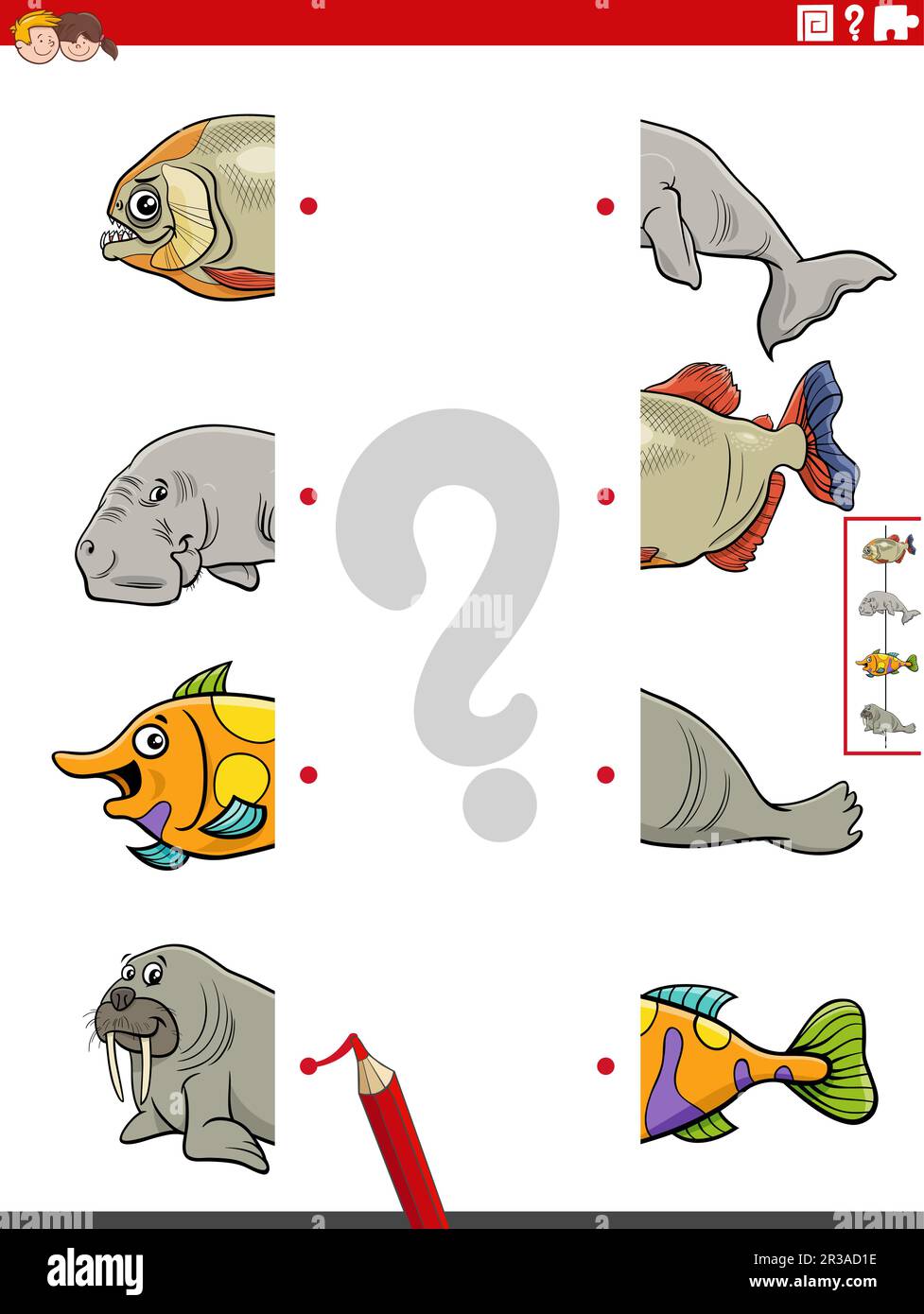 Cartoon illustration of educational game of matching halves of pictures ...