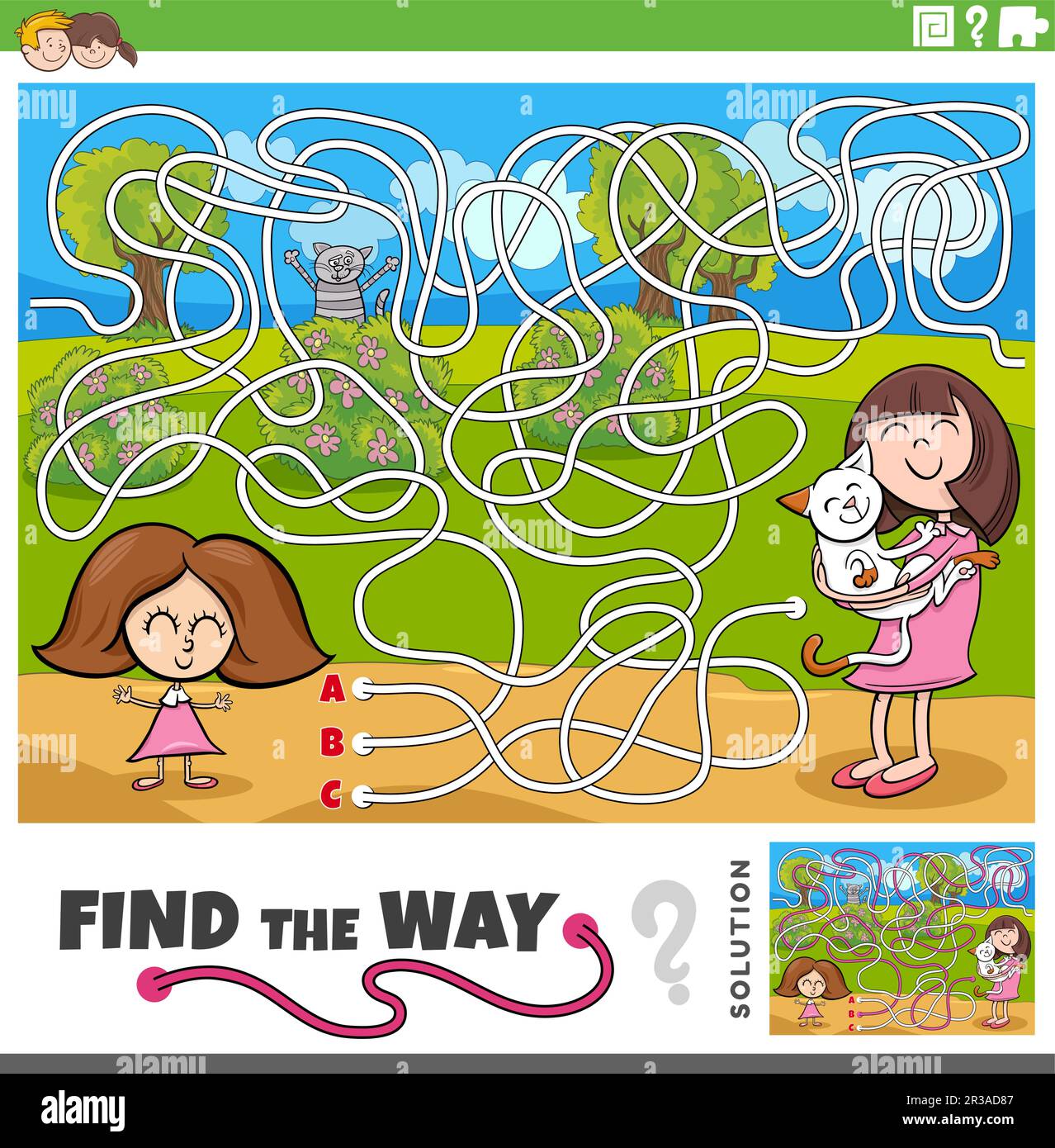 Cartoon illustration of find the way maze puzzle game with girls and ...