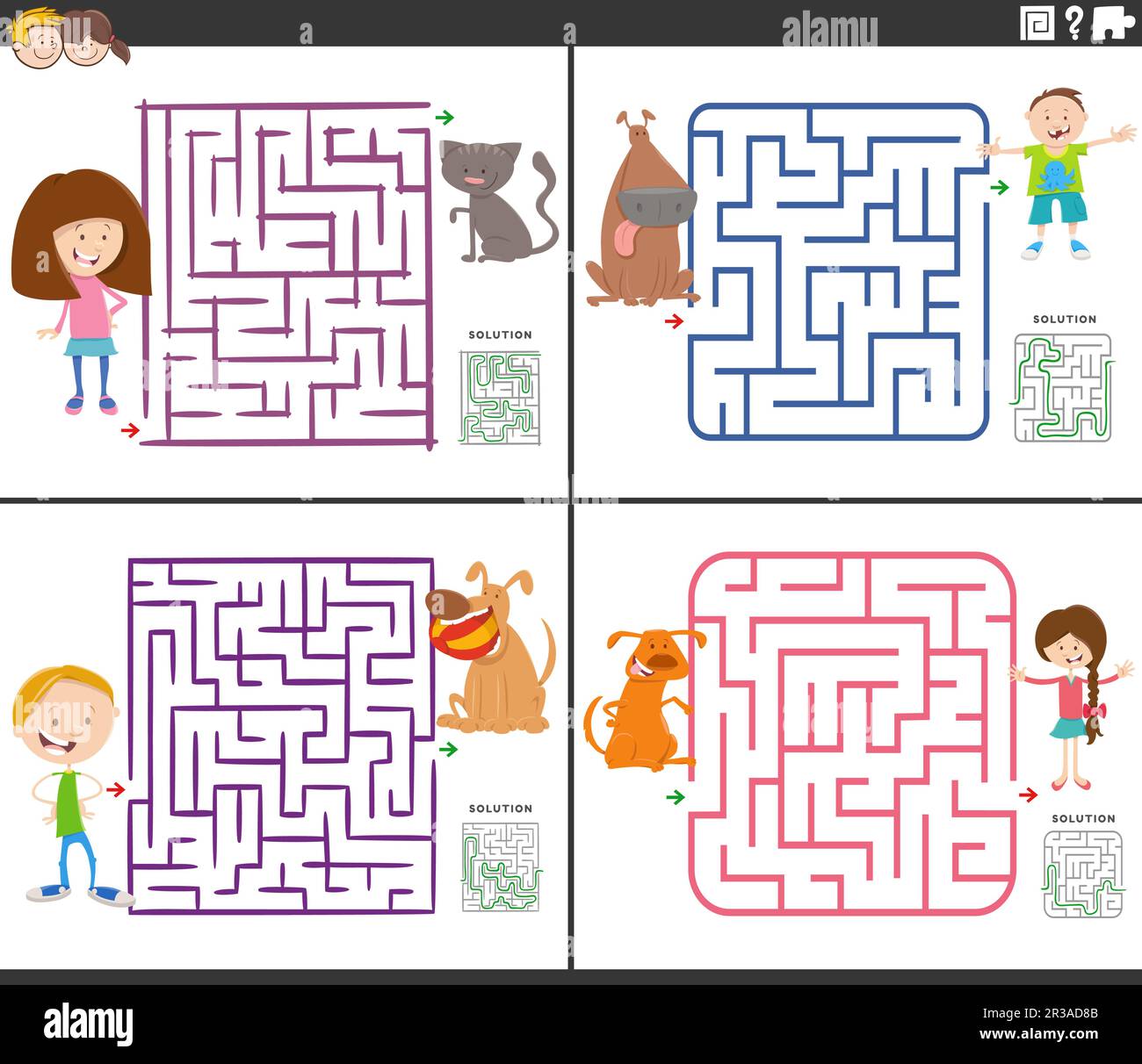 Cartoon illustration of educational maze puzzle games set with children ...