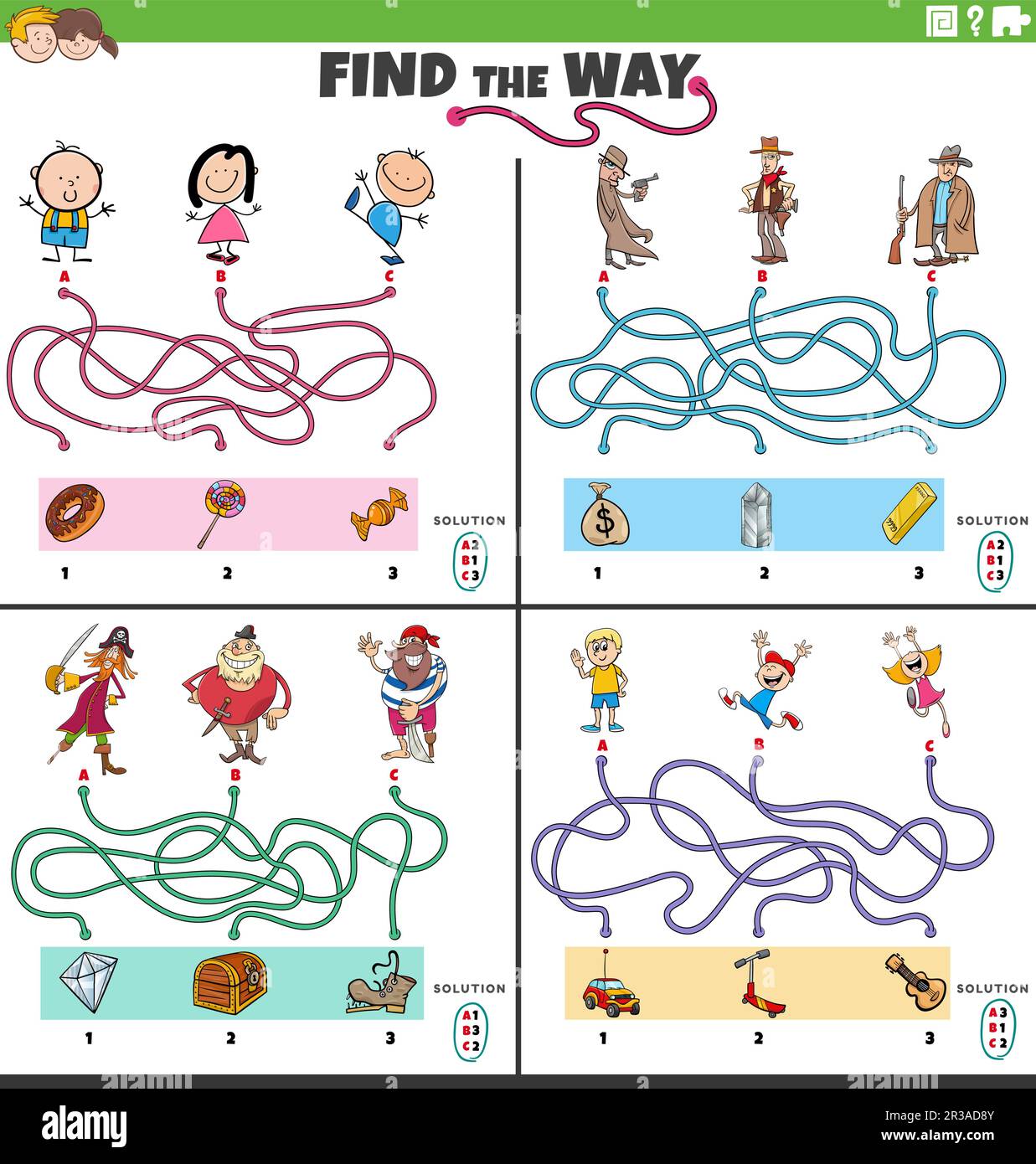 Cartoon illustration of find the way maze puzzle games set with funny ...