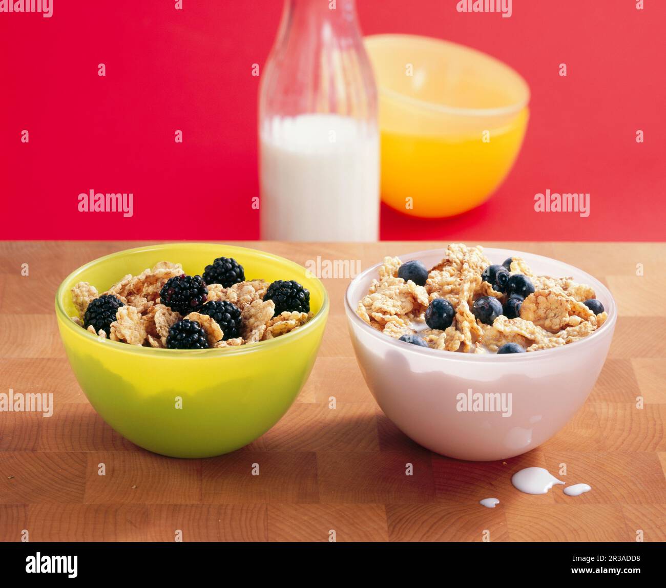 Two bowls of grains with milk, one with blackberries and one with ...
