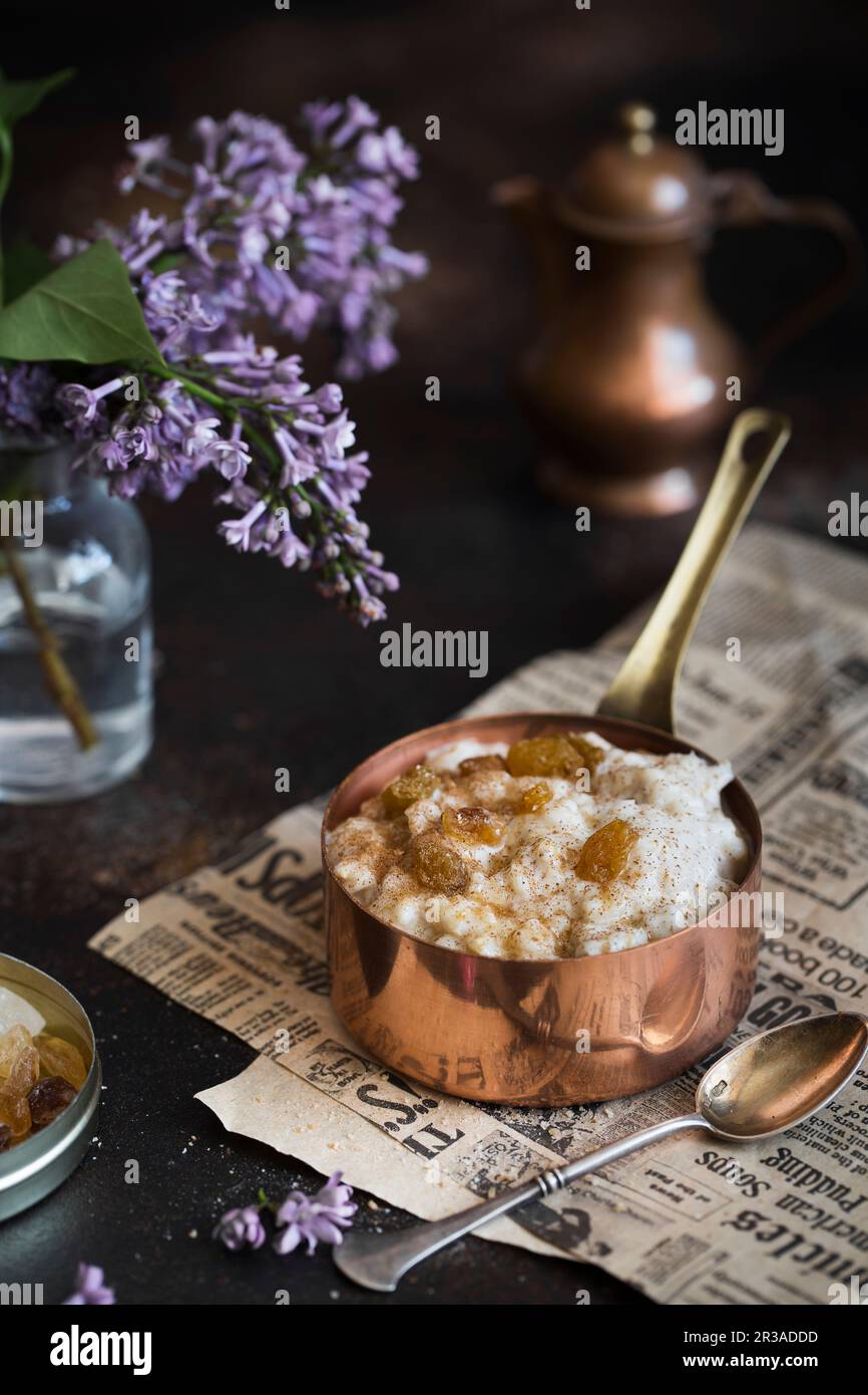 Oatmeal porridge with raisins and cinnamon in a copper cocotte. Oatmeal ...