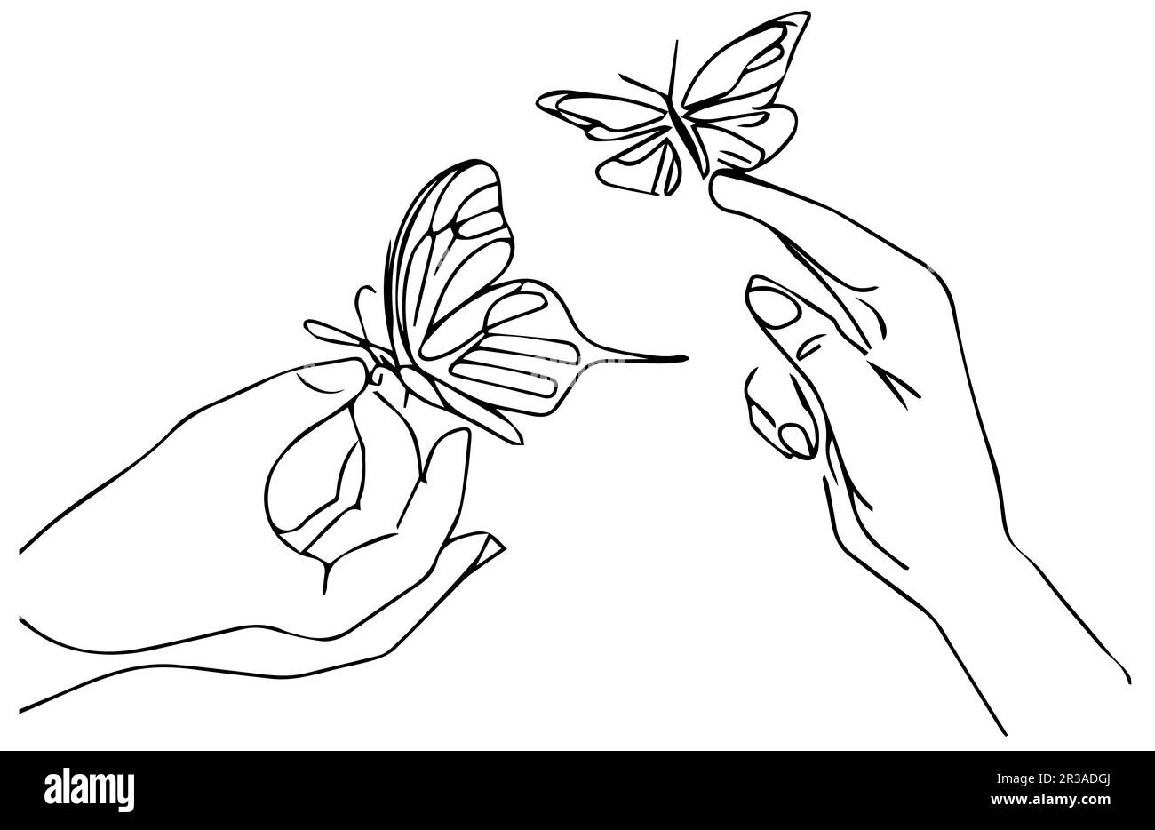 Single continuous line of hand holding butterfly on a white background. Black thin line of the ...