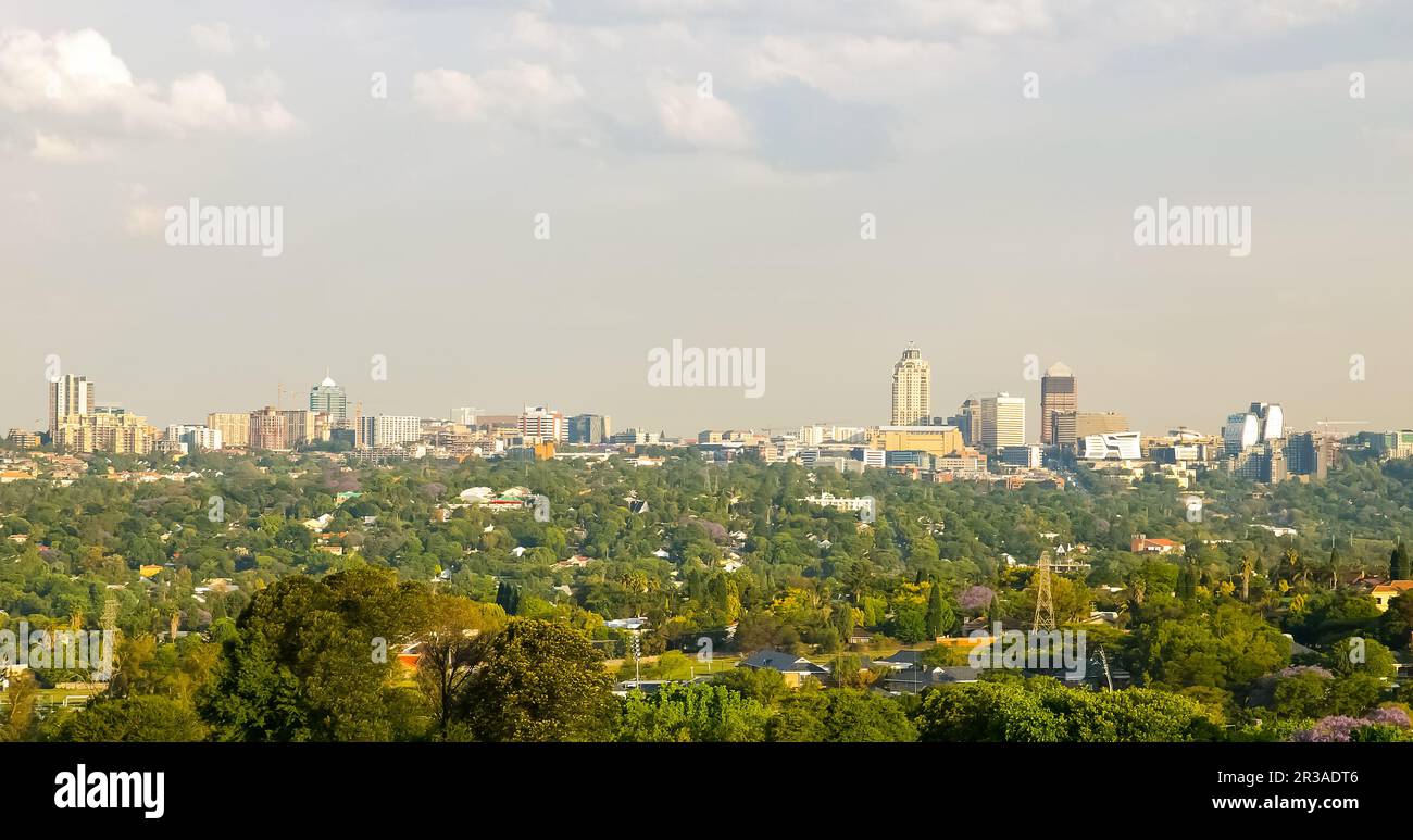 Skyline of buildings and residential suburban neighborhood in Sandton ...