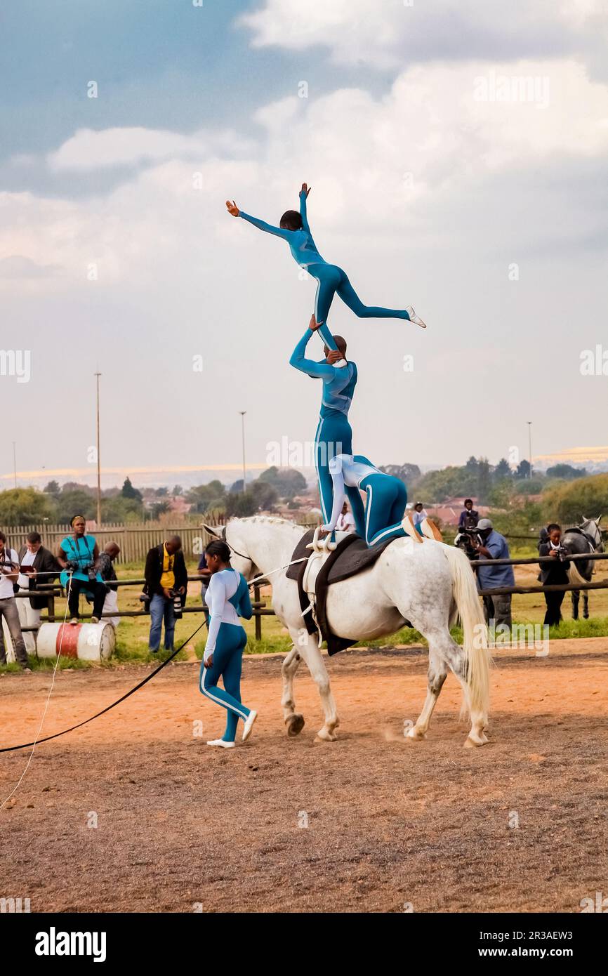 Young African children performing acrobatics on horse back Stock Photo ...