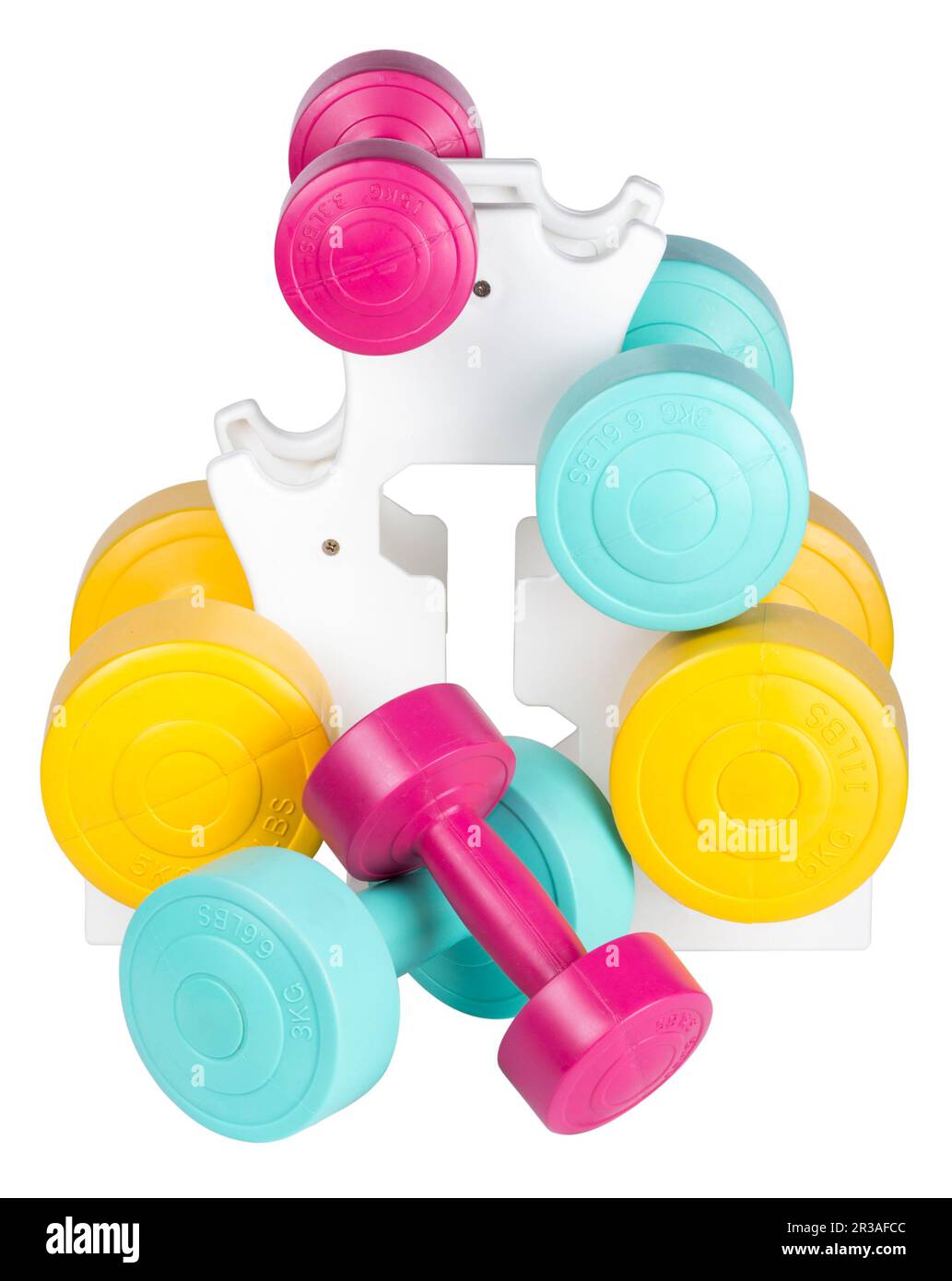 Stack of bright colored athletic rubber dumbbells Stock Photo - Alamy