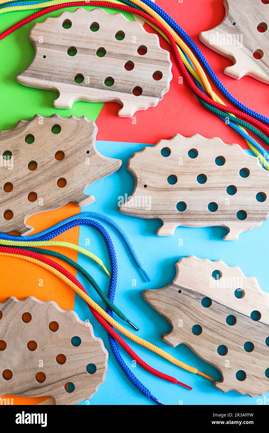 Natural wooden lacing toy hedgehog for educating fine motor skills ...